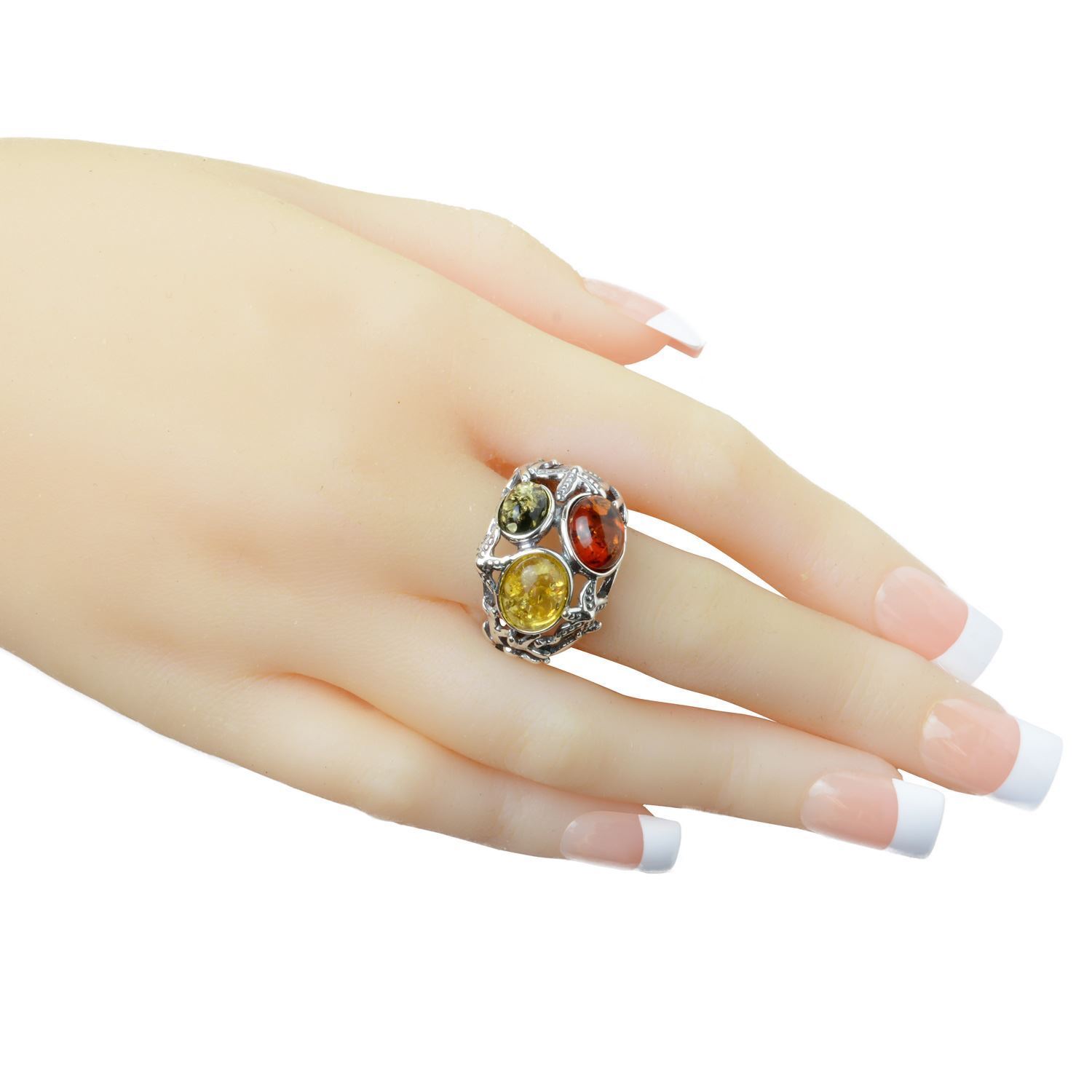 Chunky Baltic Mixed Amber and 925 Sterling Silver Ring, Vacation Jewelry