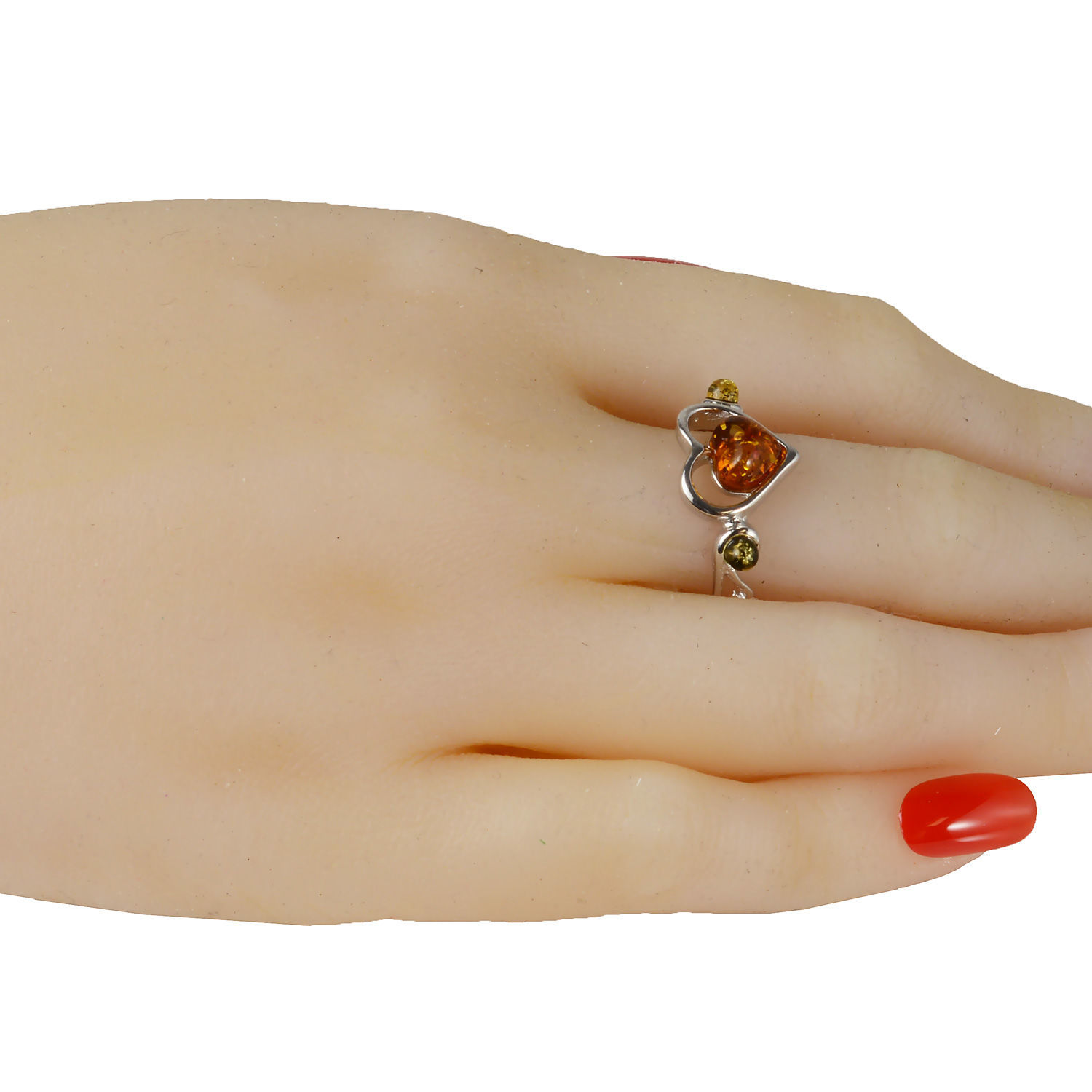 Sterling Silver and Baltic Green and Honey Amber Ring "Loving Heart"