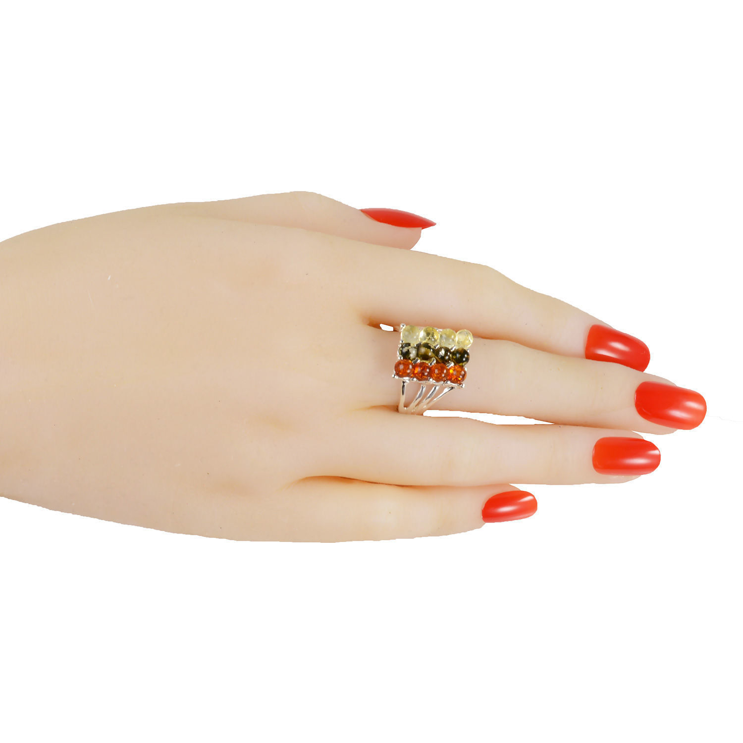 Chunky Ring, Sterling Silver and Baltic Three Rowed Multicolored Amber Ring