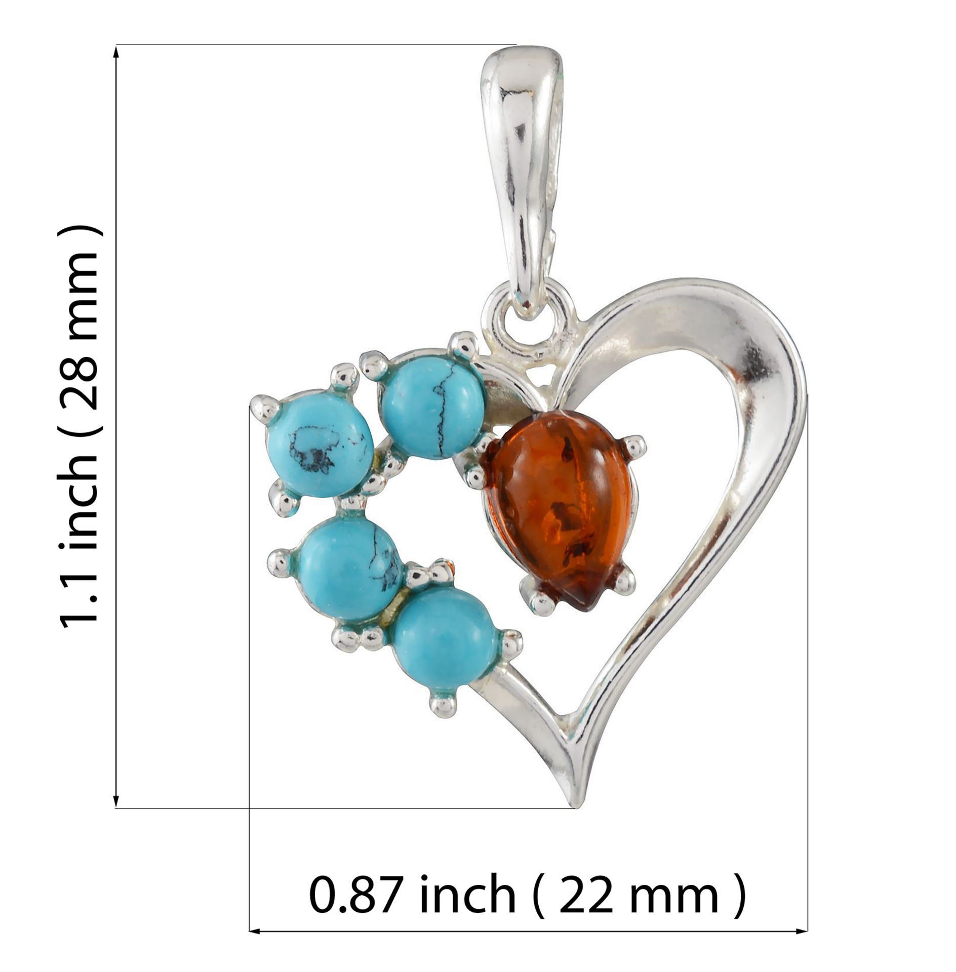 Sterling Silver and Baltic Amber and Turquoise Heart Pendant