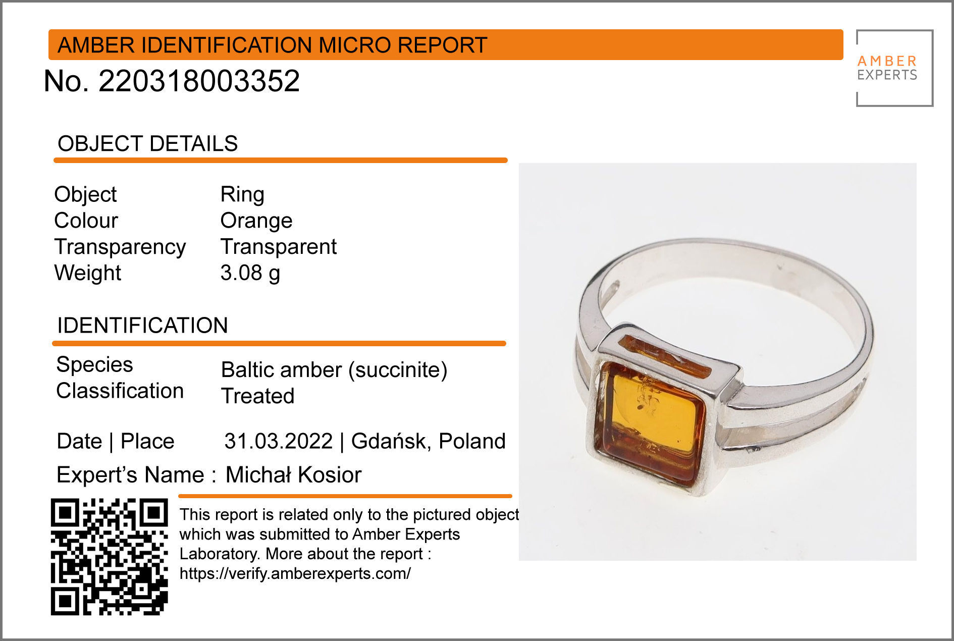 Sterling Silver and Baltic Honey Amber Flat Square Ring "Lottie"