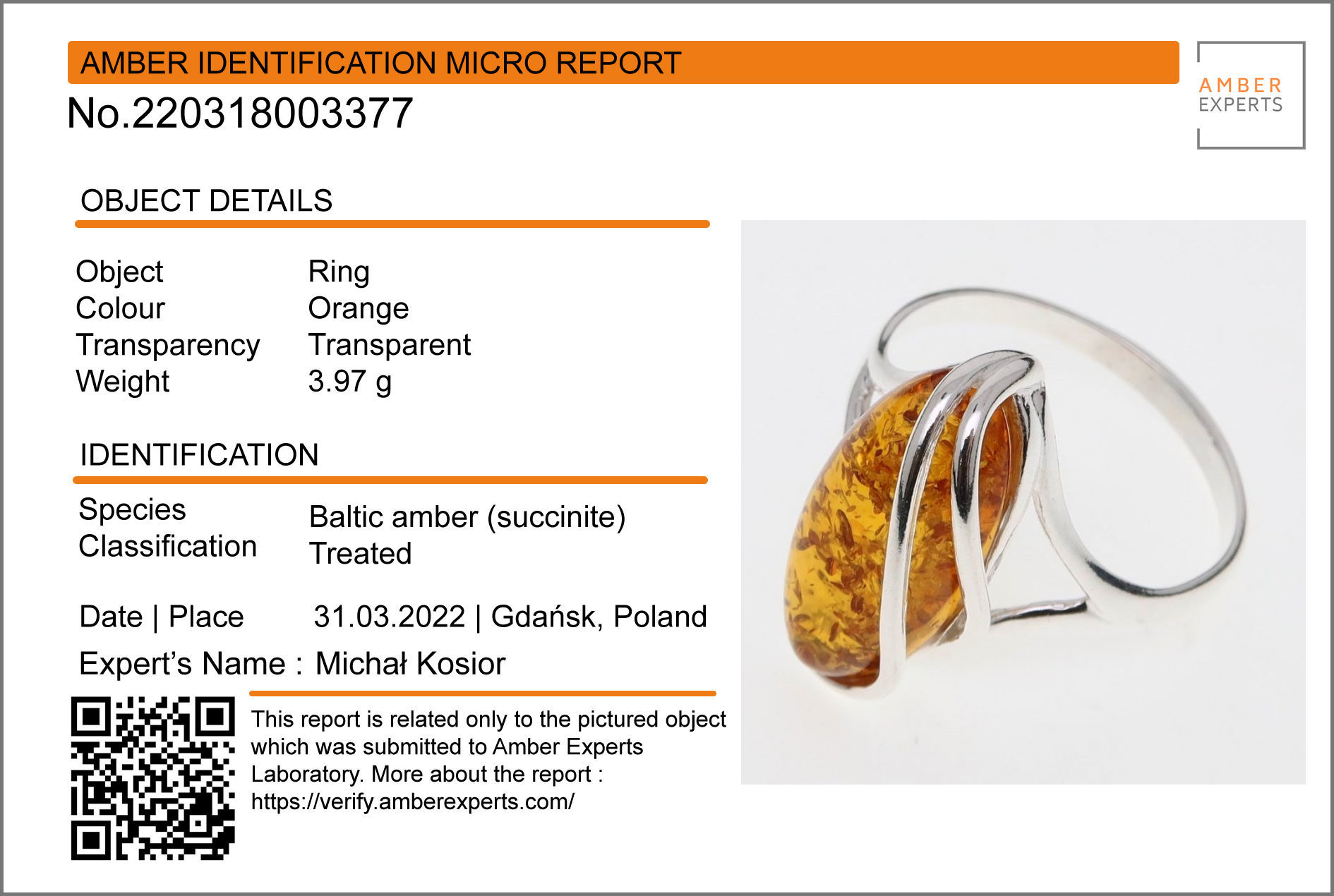 Sterling Silver and Baltic Honey Oval Amber Ring "Micaela"