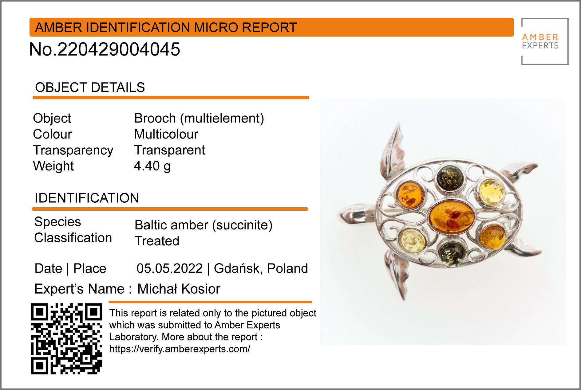 Sterling Silver and Multicolored Baltic Amber Turtle Brooch