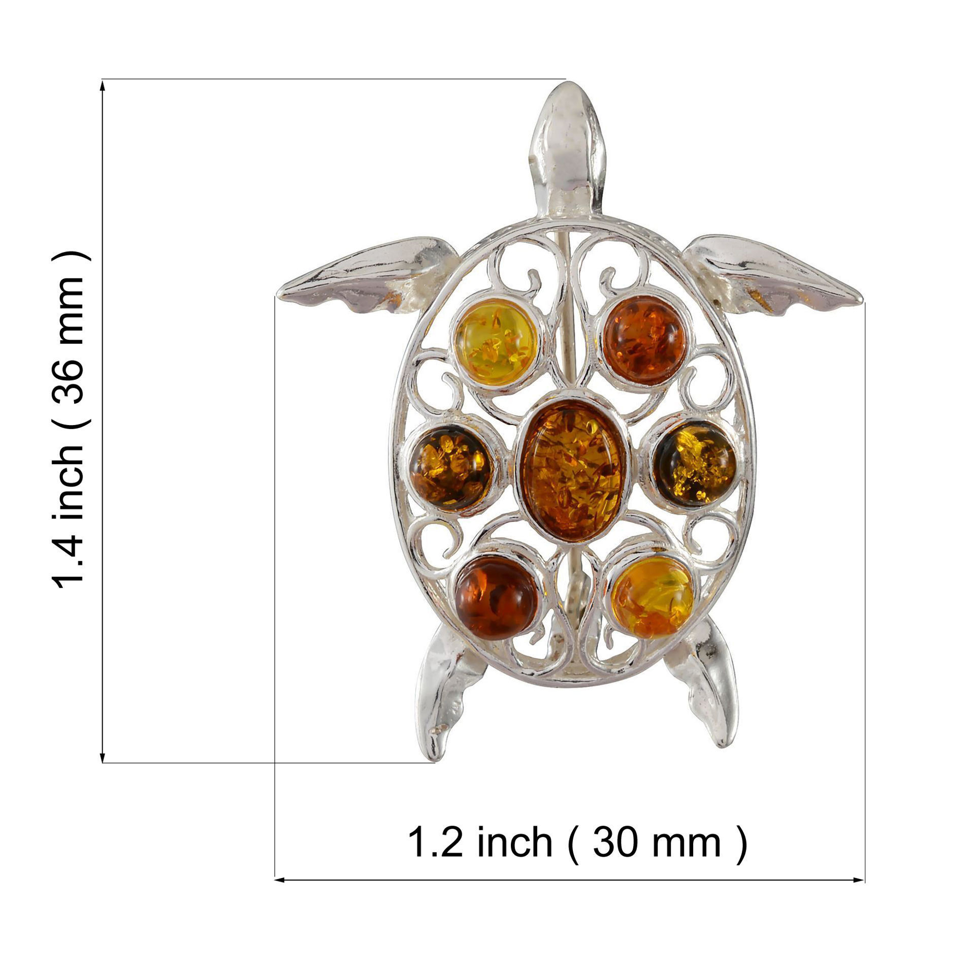 Sterling Silver and Multicolored Baltic Amber Turtle Brooch