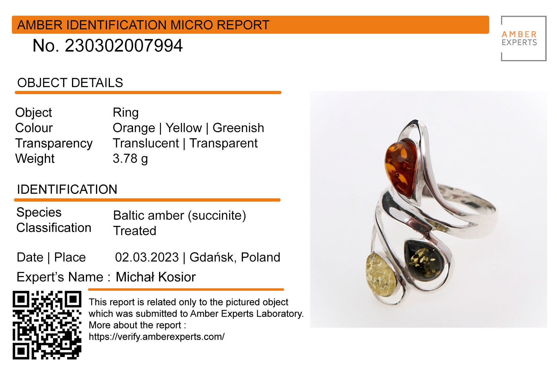 Sterling Silver and Baltic Multicolored Amber Ring "Elsa"