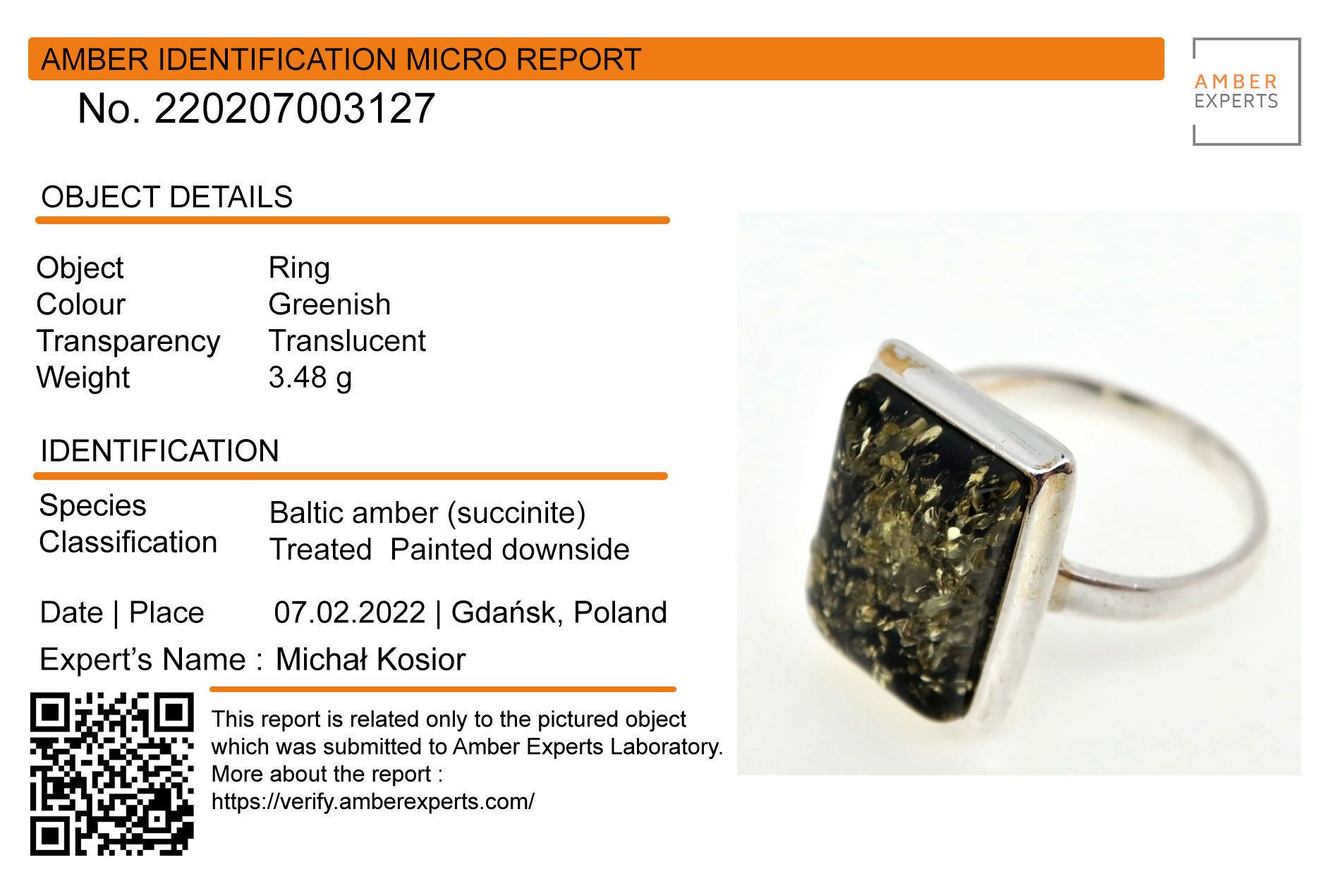 Sterling Silver and Baltic Green Rectangle Amber Ring