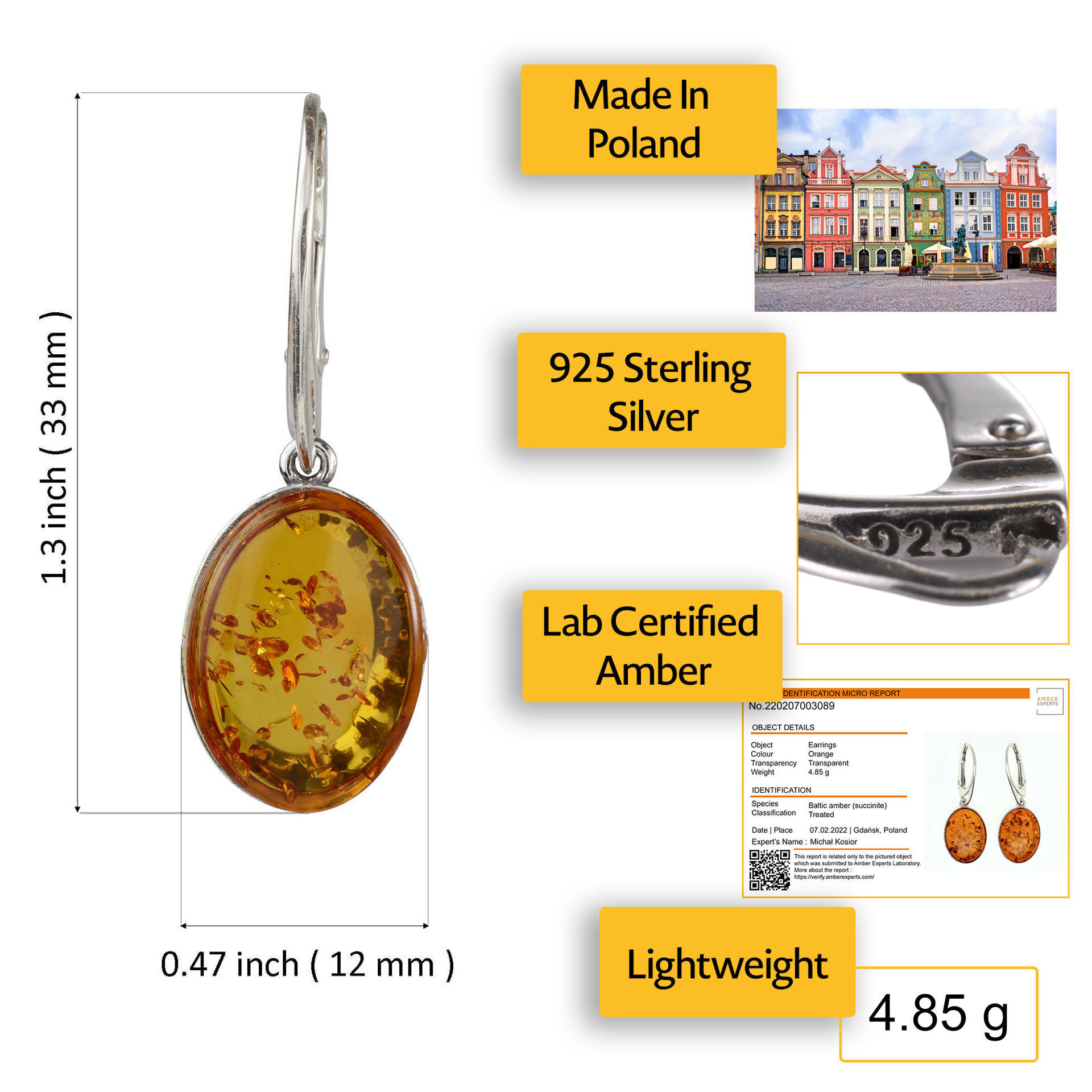 Sterling Silver and Baltic Amber French Leverback Honey Amber Oval ...