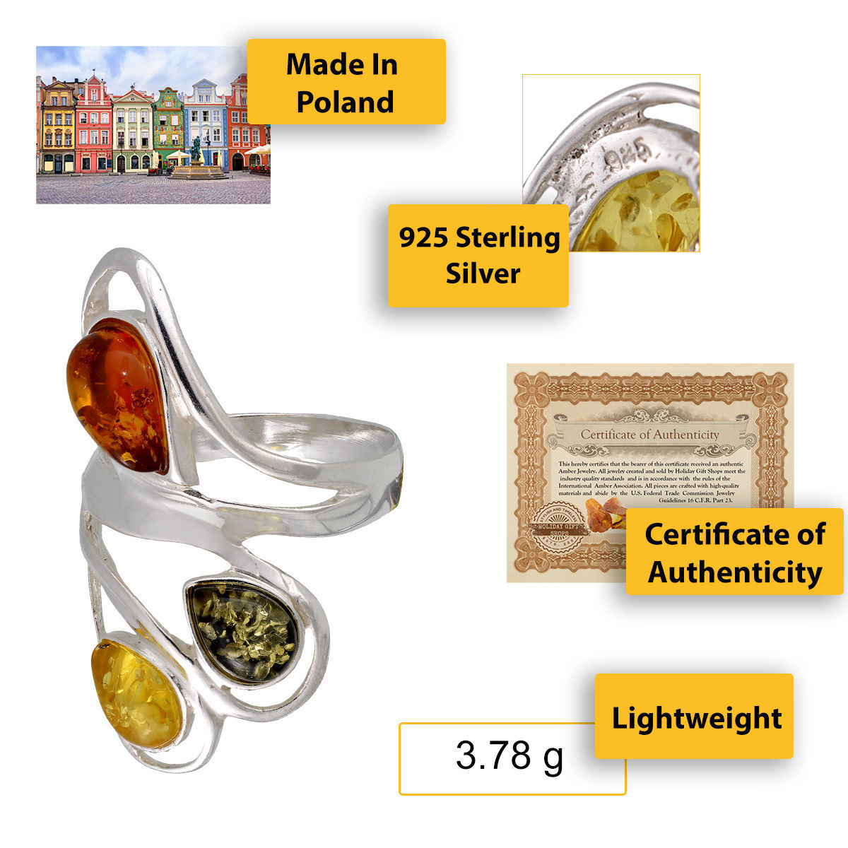 Sterling Silver and Baltic Multicolored Amber Ring "Elsa"